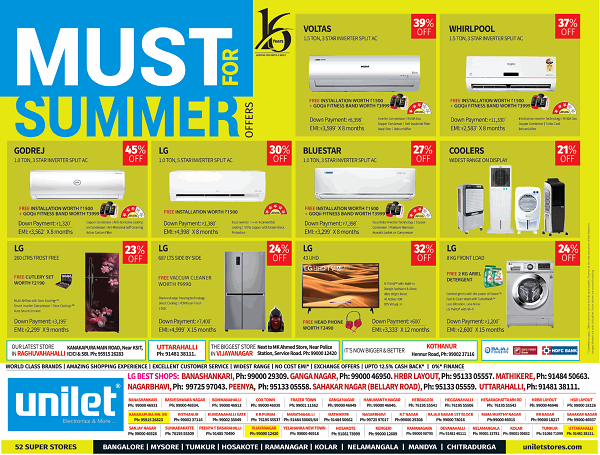 Unilet Bangalore Appliances Stores Sales Offers Numbers Discounts 2020